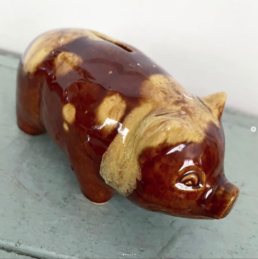 Vintage Pig Piggy Bank Brown Glaze Drip Pottery Ceramic USA Hull - Etsy