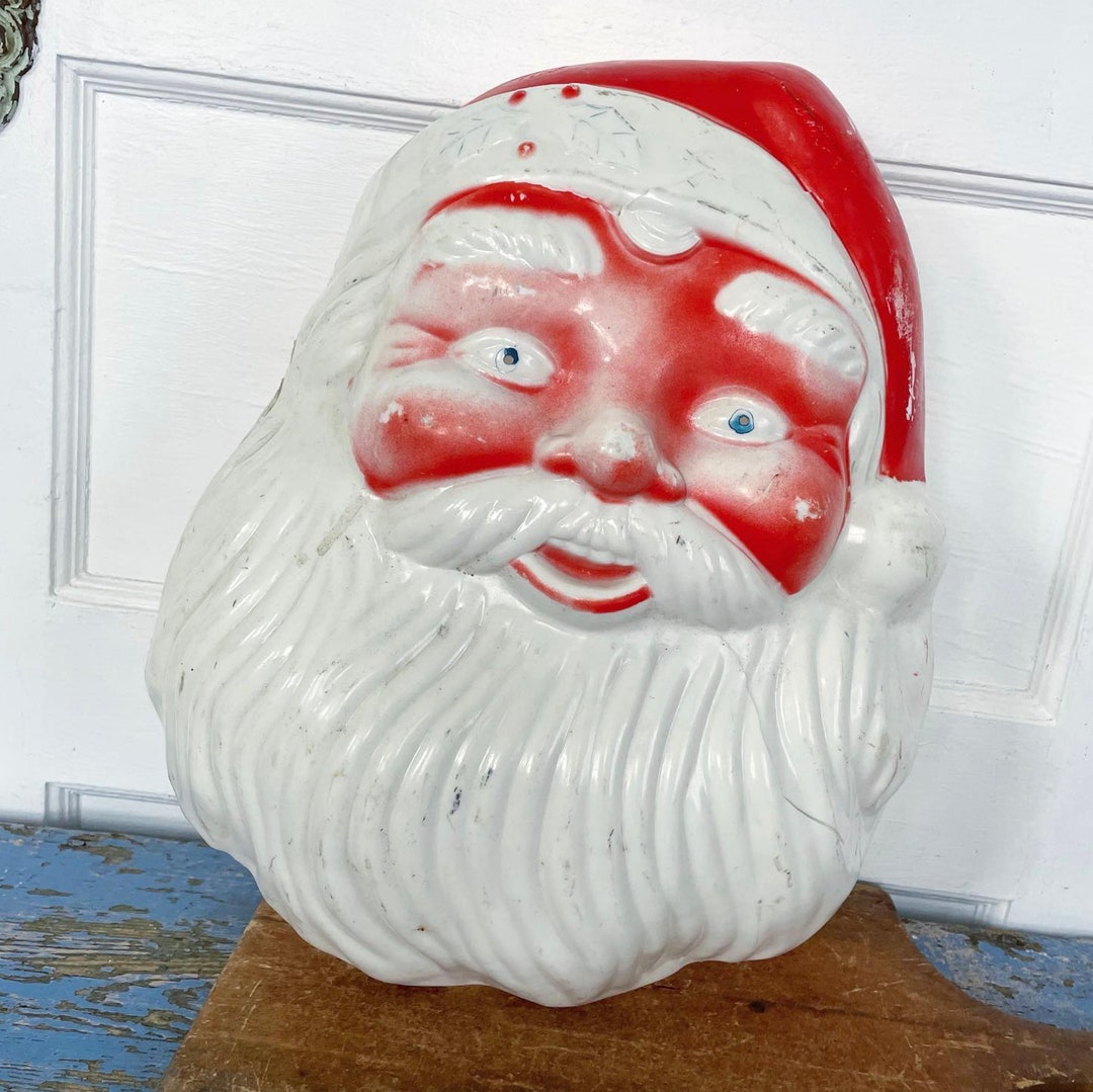 Vintage Scary Santa Face Light Christmas Plastic Red Metal Back ...