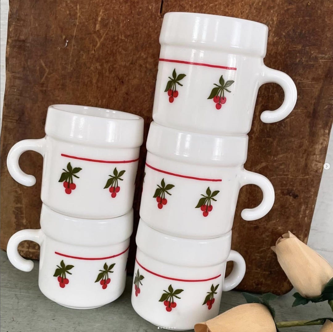 Vintage Milk Glass Demitasse Cups Mugs Espresso Cherry Fruit Hook ...