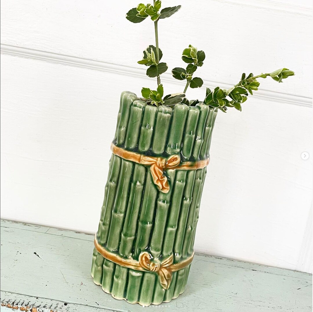 Vintage Green Bamboo Planter Pottery Tall Vase Asparagus Brown - Etsy