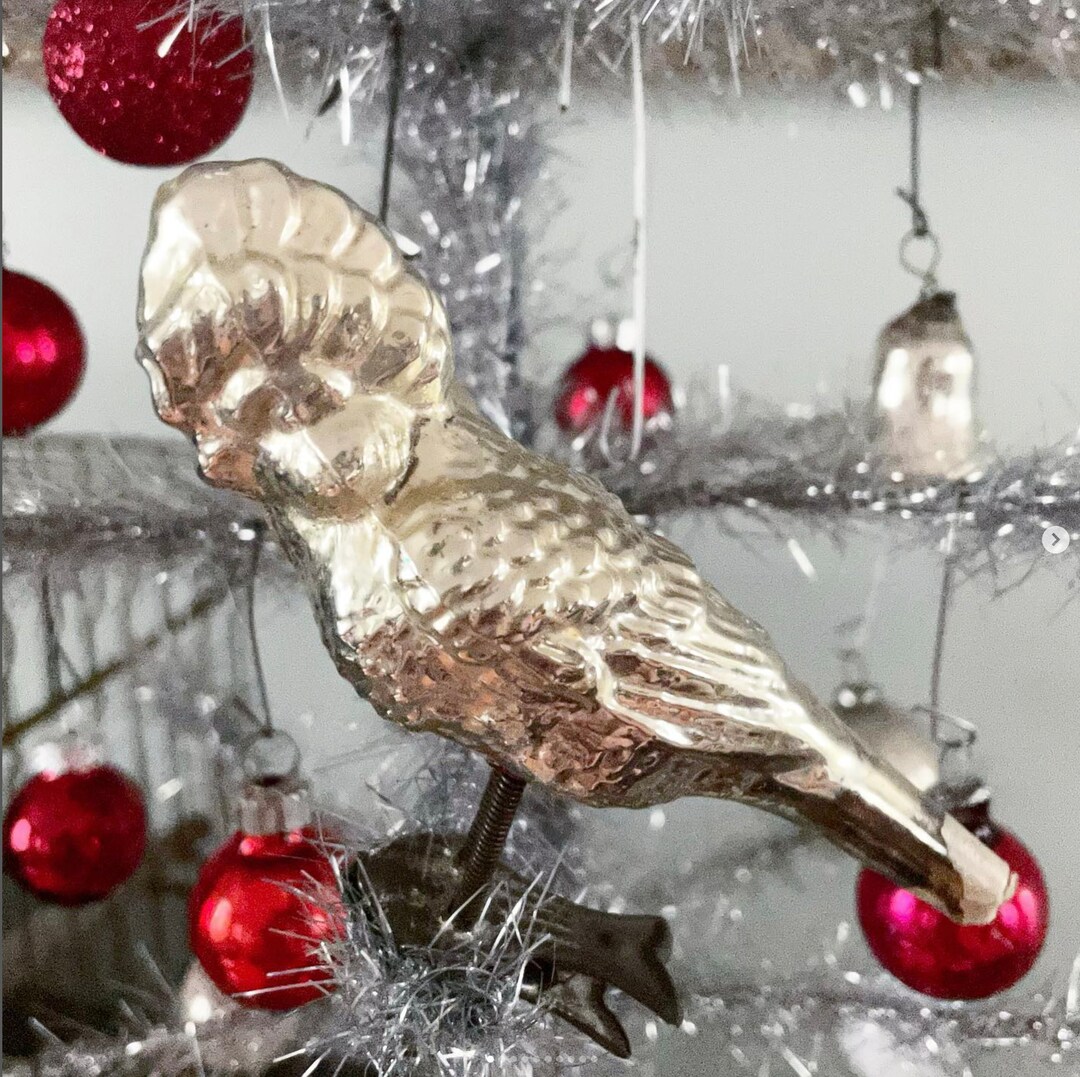 Antique Christmas Tree Glass Bird Cockatoo Clip Ornament Silver Vintage ...