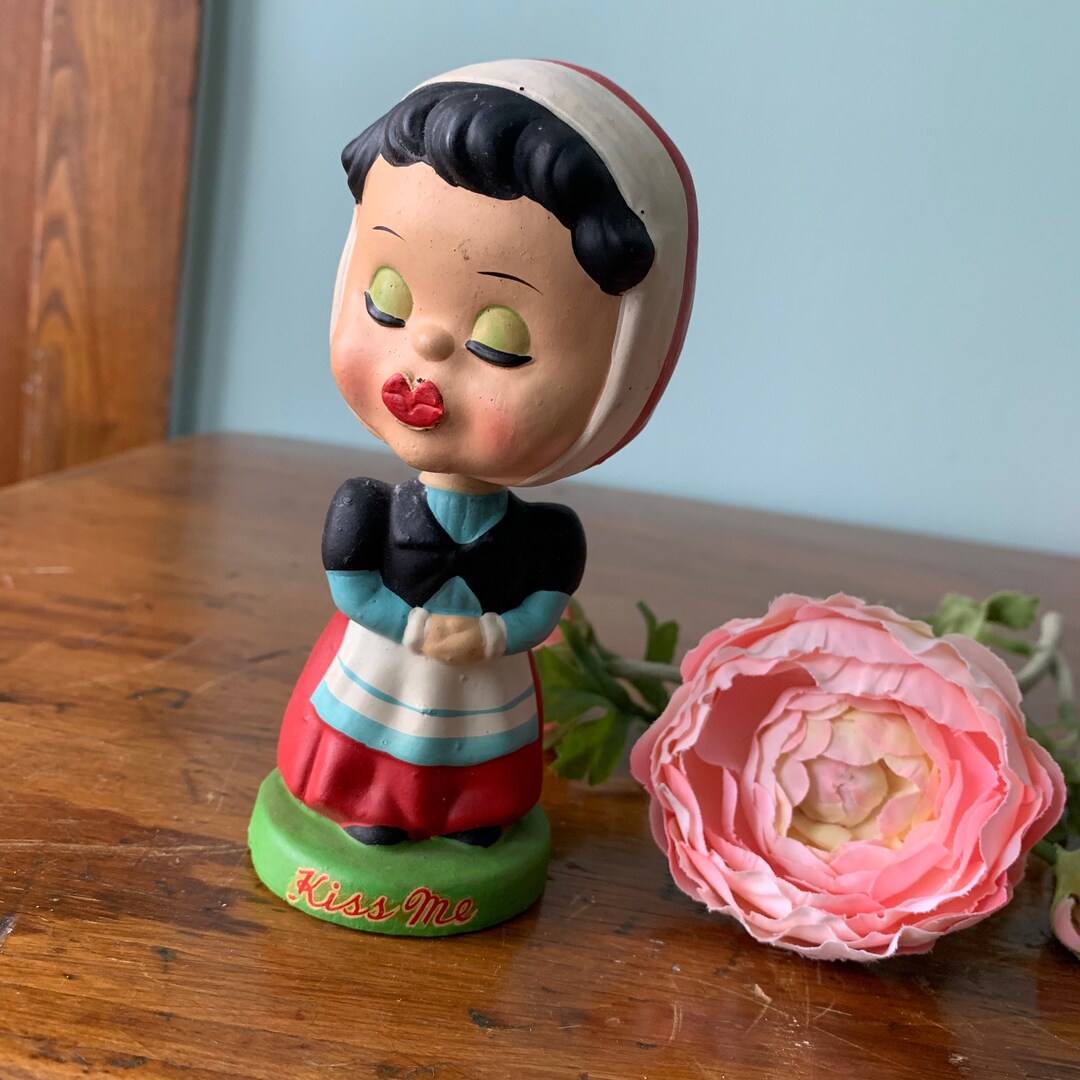 Vintage Bobble Head Kiss Me Girl Ceramic Figurine Bonnet Big Lips ...