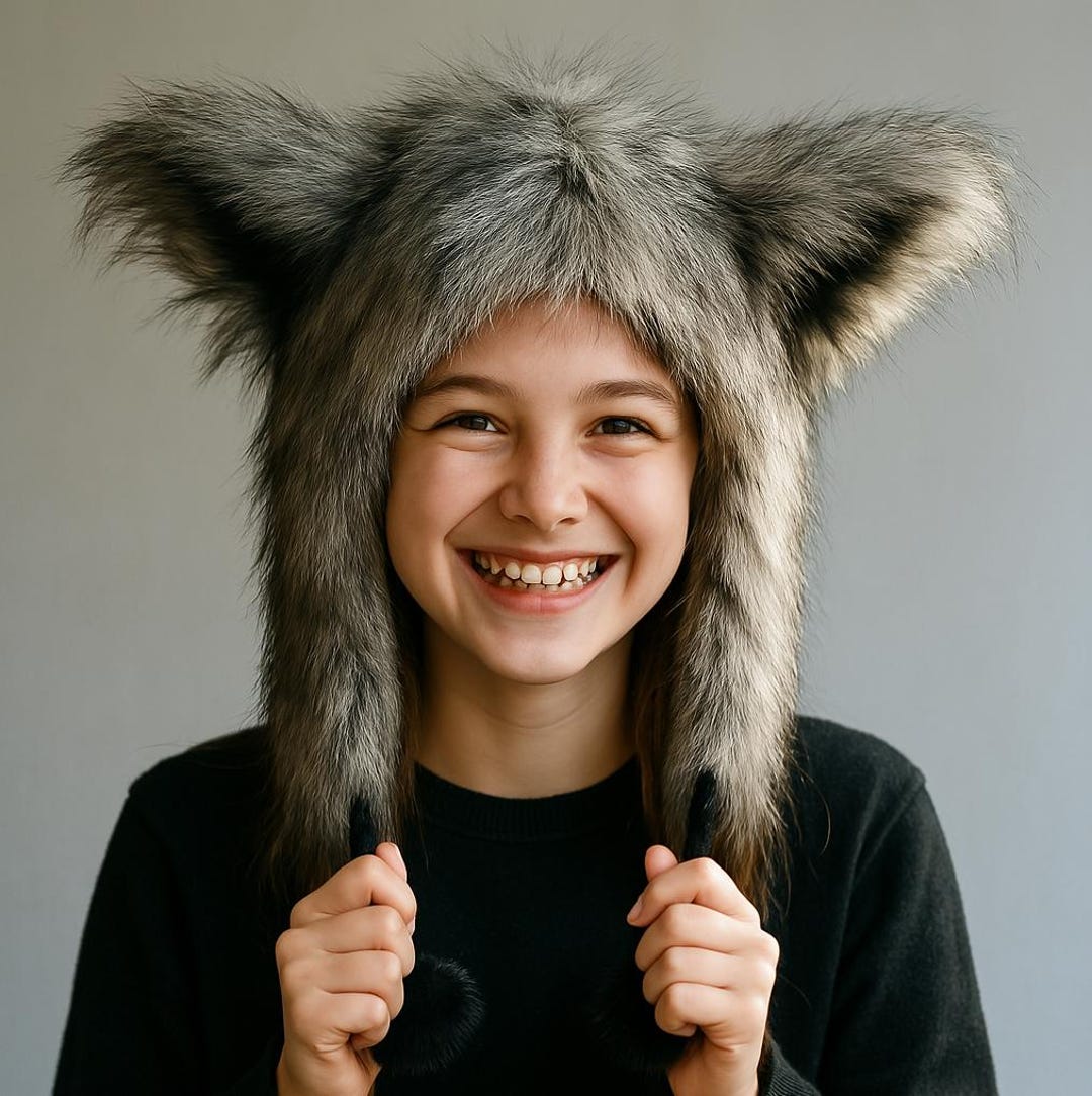 Faux Fur Ears Hat, Animal Ear Hat With Closure, Gray Cat Hat, Gray Faux ...