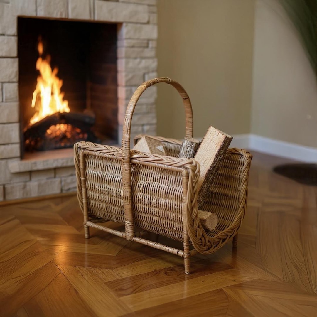 Firewood Basket Woven, Wicker Fireplace Basket, Wicker Log Holder ...