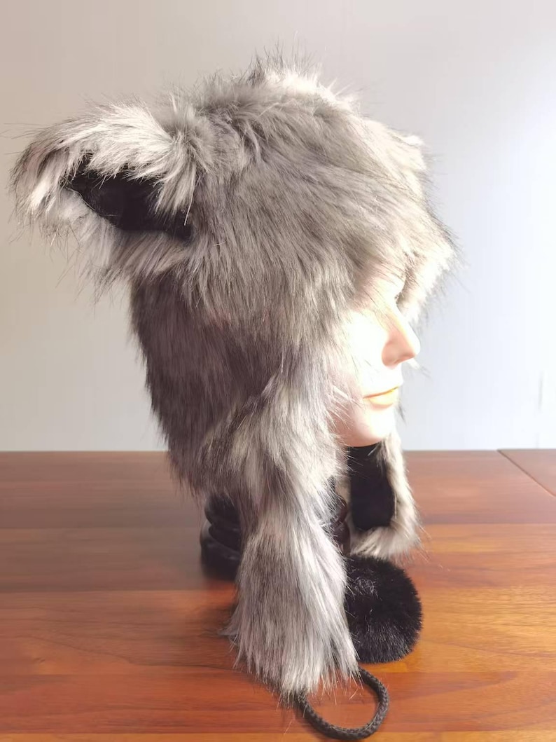 Faux Fur Ears Hat, Animal Ear Hat With Closure, Gray Cat Hat, Gray Faux ...