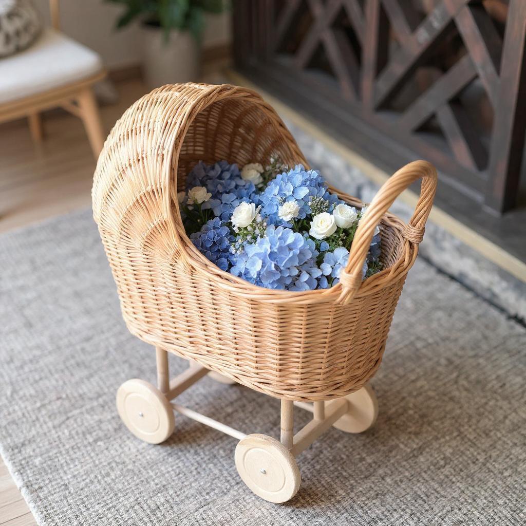 Natural Wicker Baby Carriage With Wheels, Wicker Baby Stroller, Baby ...