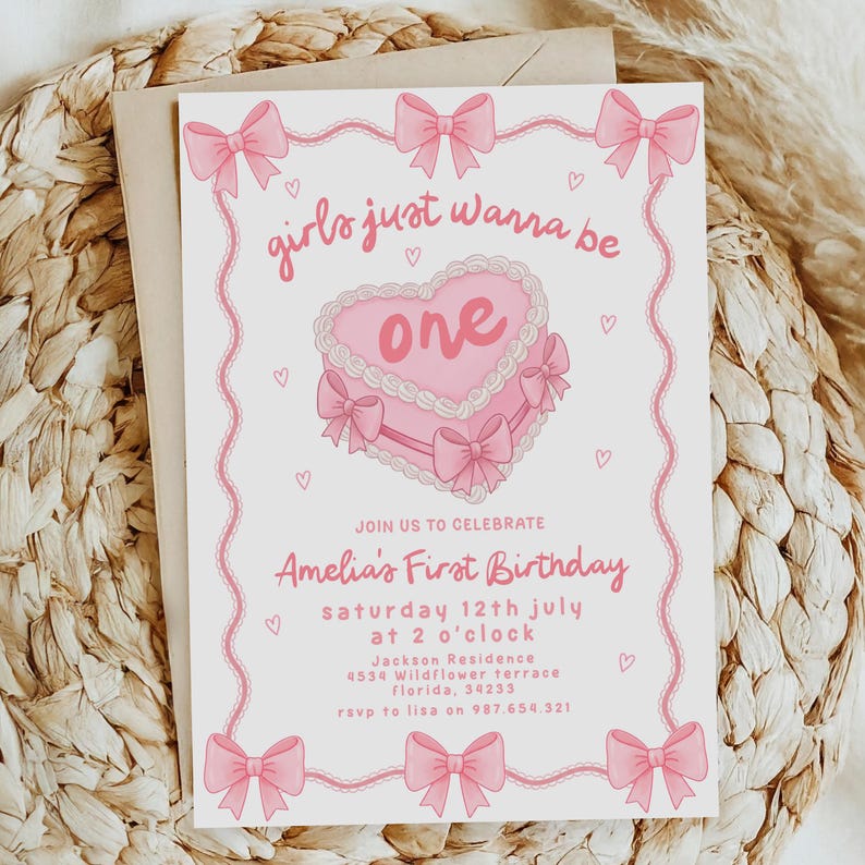 Girls Just Wanna Be One 1st Birthday Invitation Pink Coquette Bow Cake ...