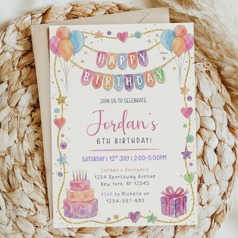Rainbow Pastel Birthday Invitation Editable Watercolor Girl's Invite ...