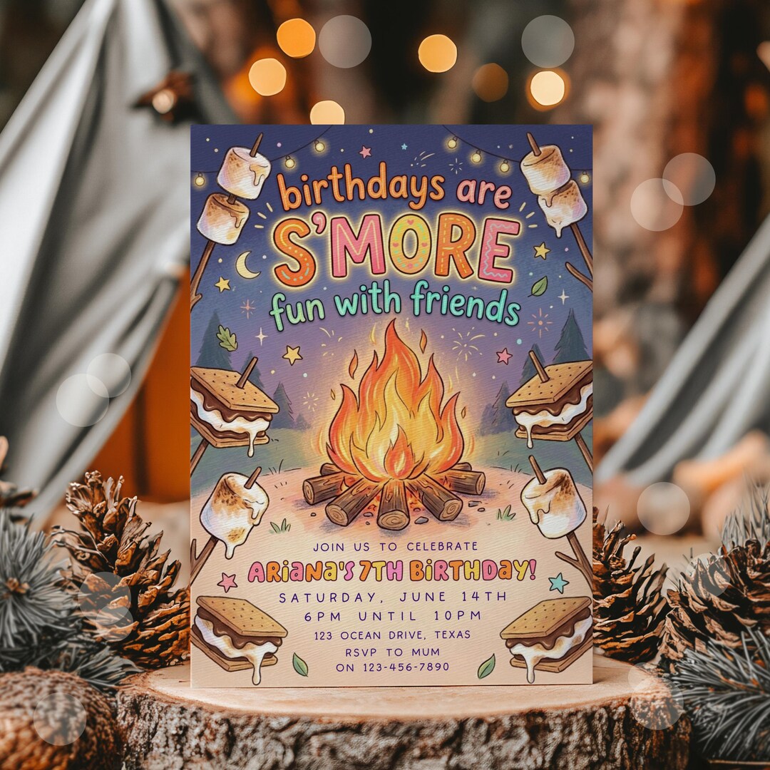 Camping Birthday Invitation Smore Girl's Party Editable Template ...
