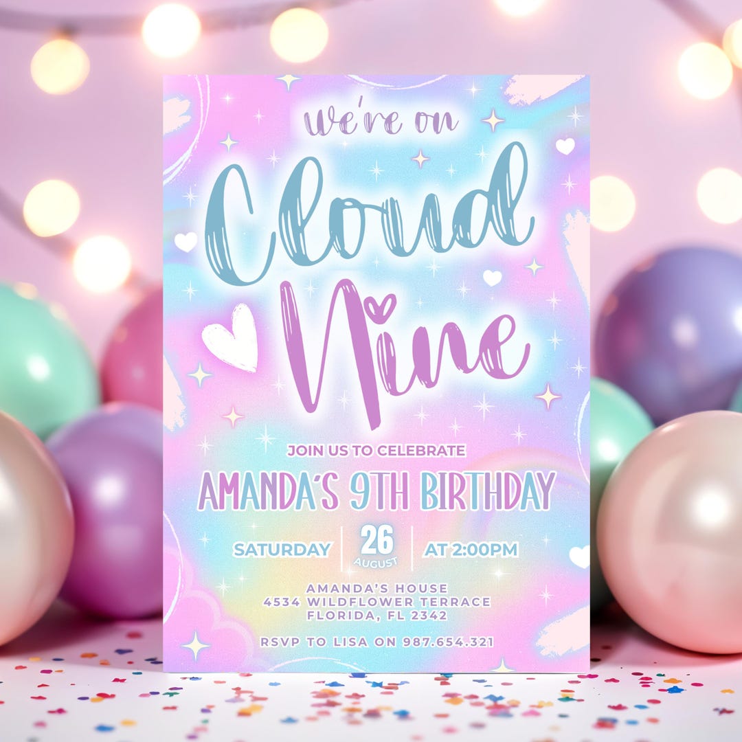 Cloud Nine 9th Birthday Invitation Pastel Neon Girls Party Invite ...