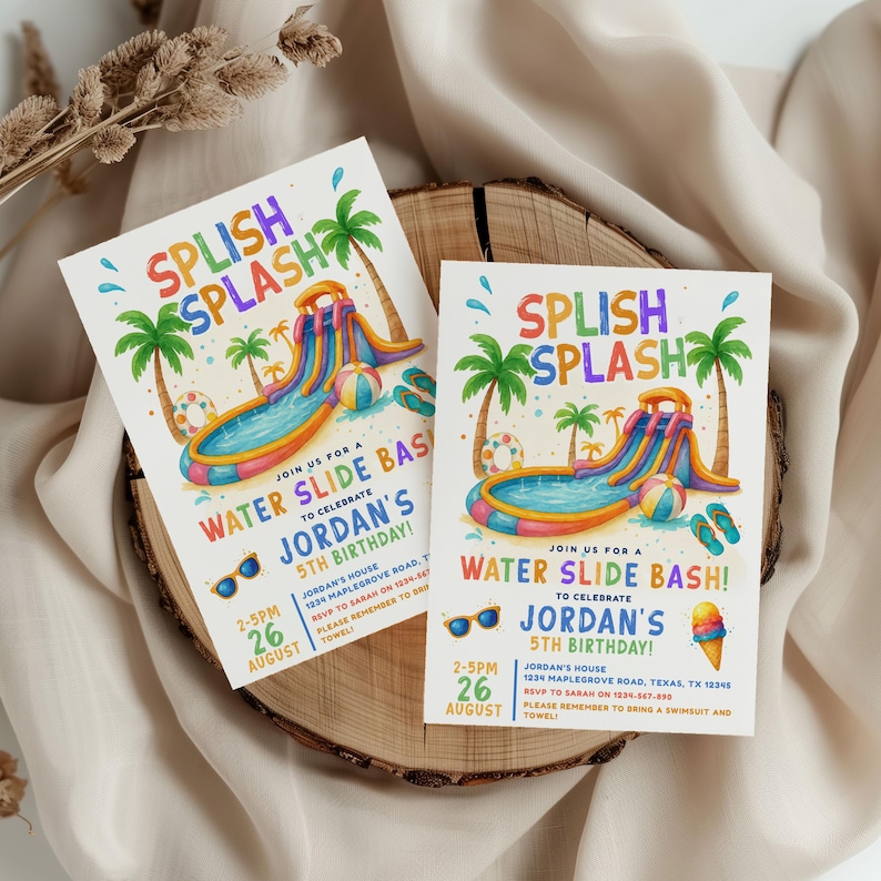 Water Slide Birthday Party Invitation, Splish Splash, ANY AGE ...