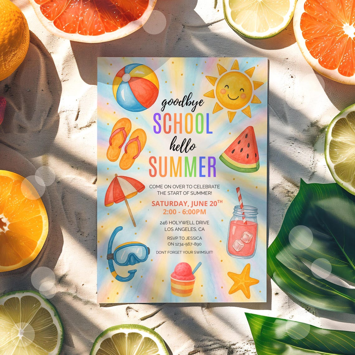 Goodbye School Hello Summer Pool Party Invitation Editable Kids ...