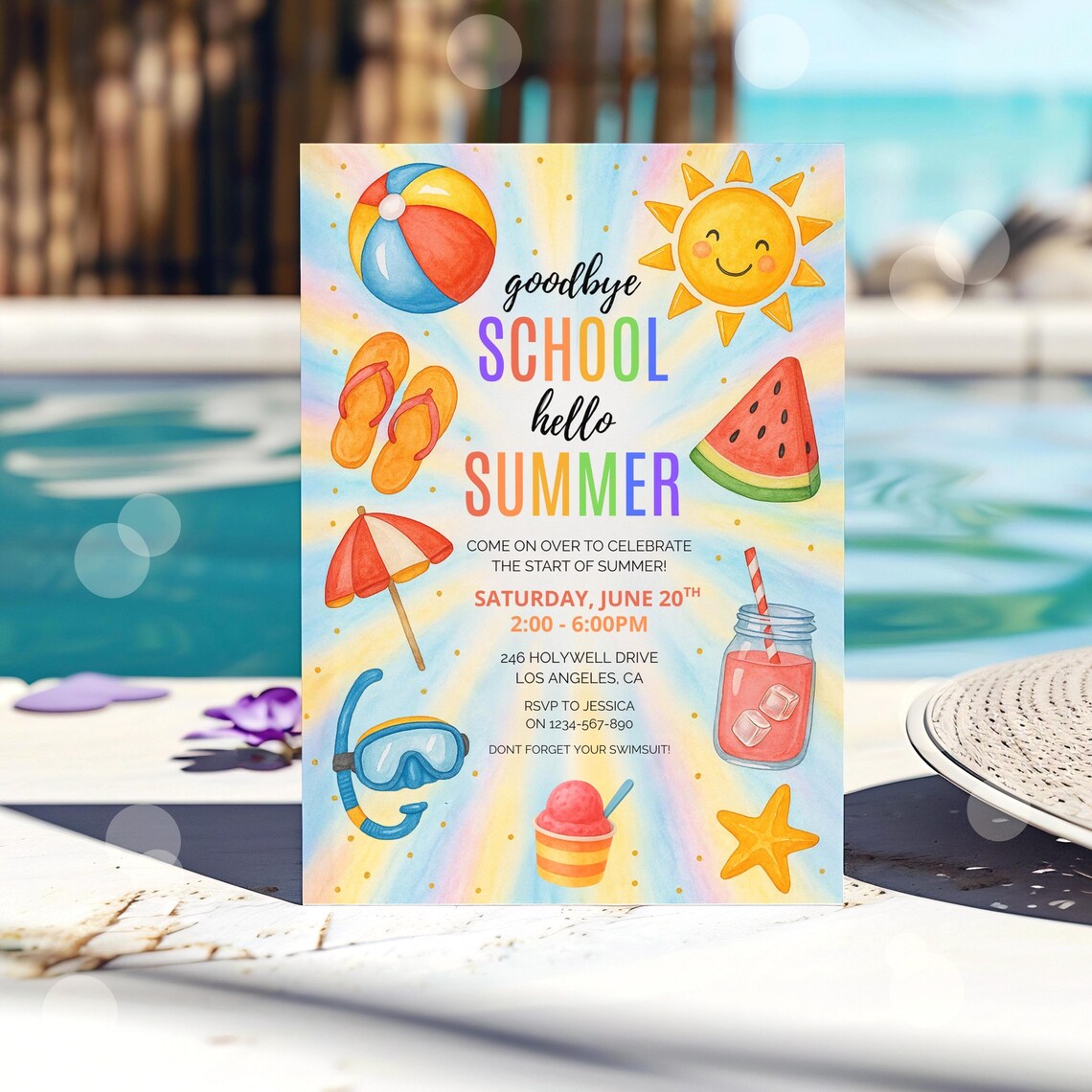 Goodbye School Hello Summer Pool Party Invitation Editable Kids ...