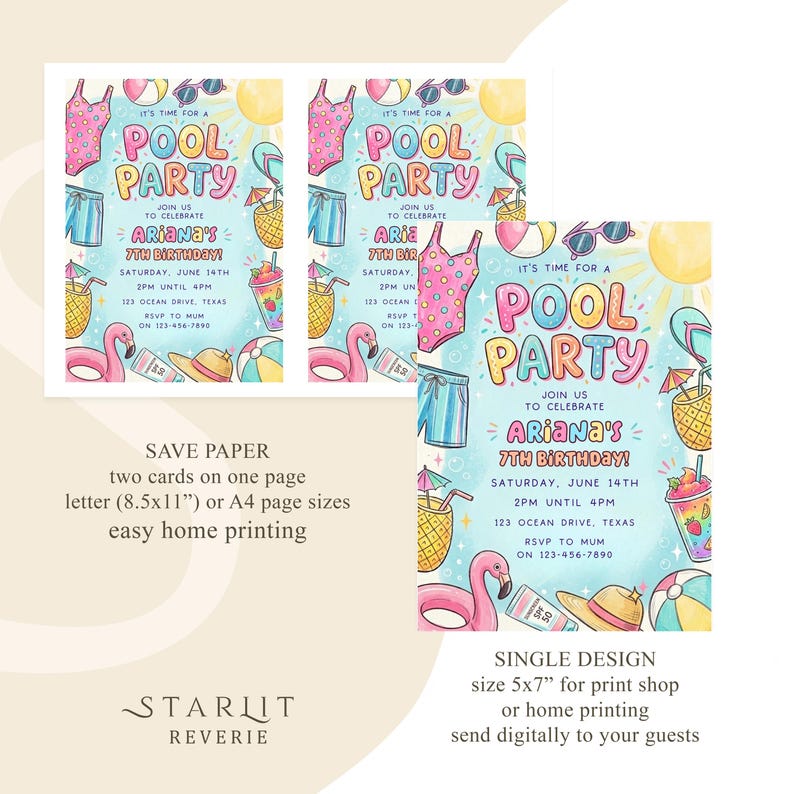 Pool Party Birthday Invitation Girls Hand Drawn Pastel Summer Invite ...