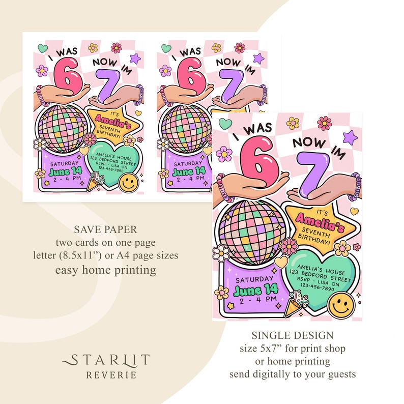 7th Birthday Invitation Pastel Preppy 6-7 I Was 6 Now I'm 7 Party ...