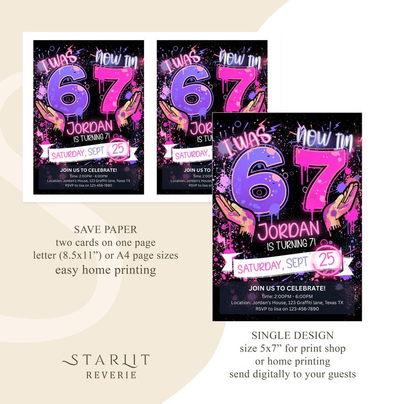 I Was 6 Now I'm 7 Birthday Invitation 6-7 Party Invite Girl Neon ...