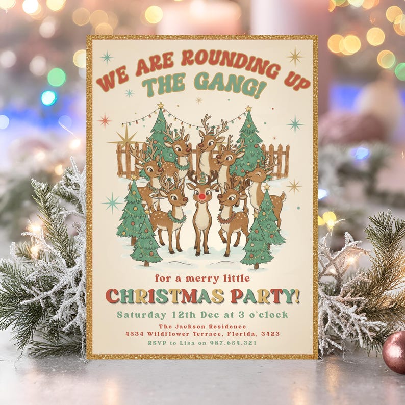 Retro Reindeer Editable Christmas Party Invitation, Vintage Holiday ...