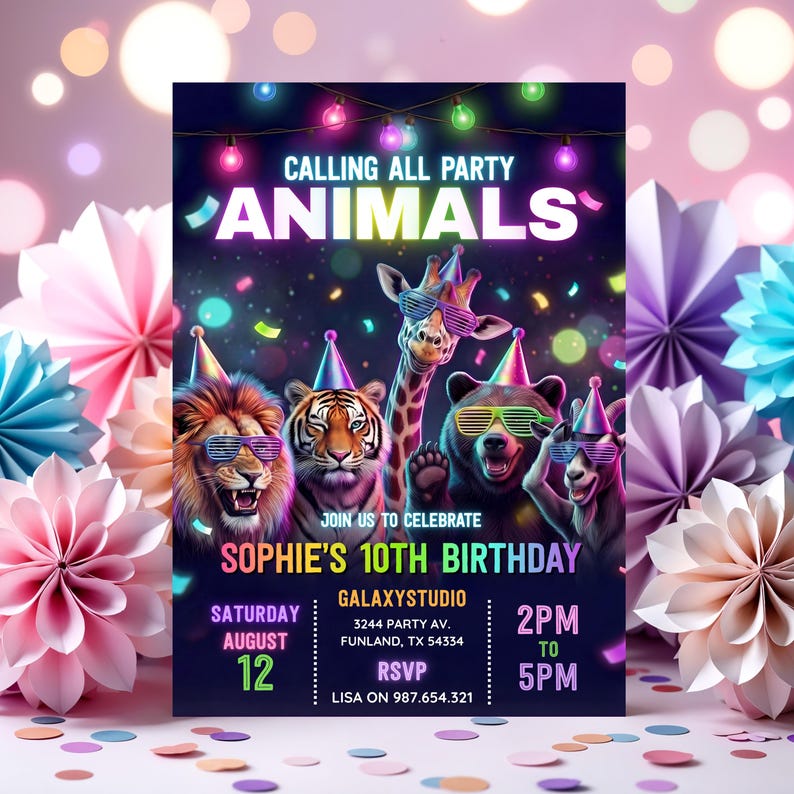 Animal Birthday Invitation Calling All Party Animals Neon Theme Kids ...