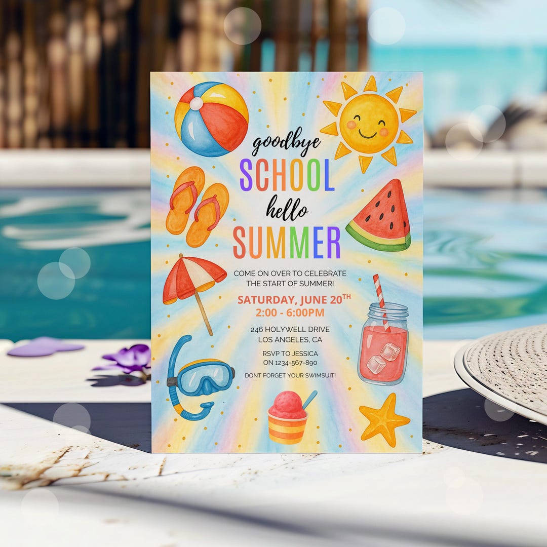 Goodbye School Hello Summer Pool Party Invitation Editable Kids ...