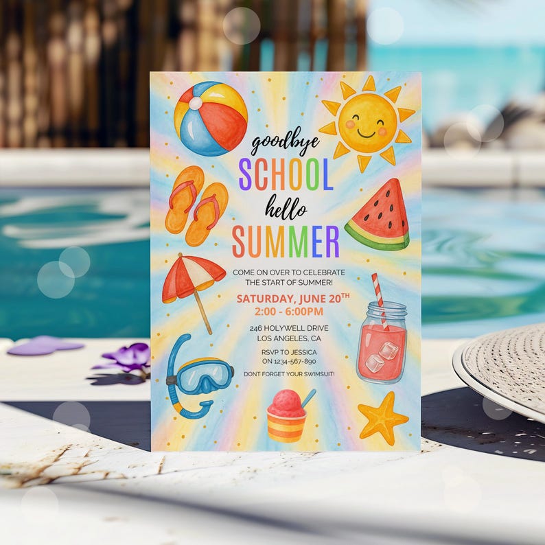 Goodbye School Hello Summer Invitation, Editable Pool Party Invite ...