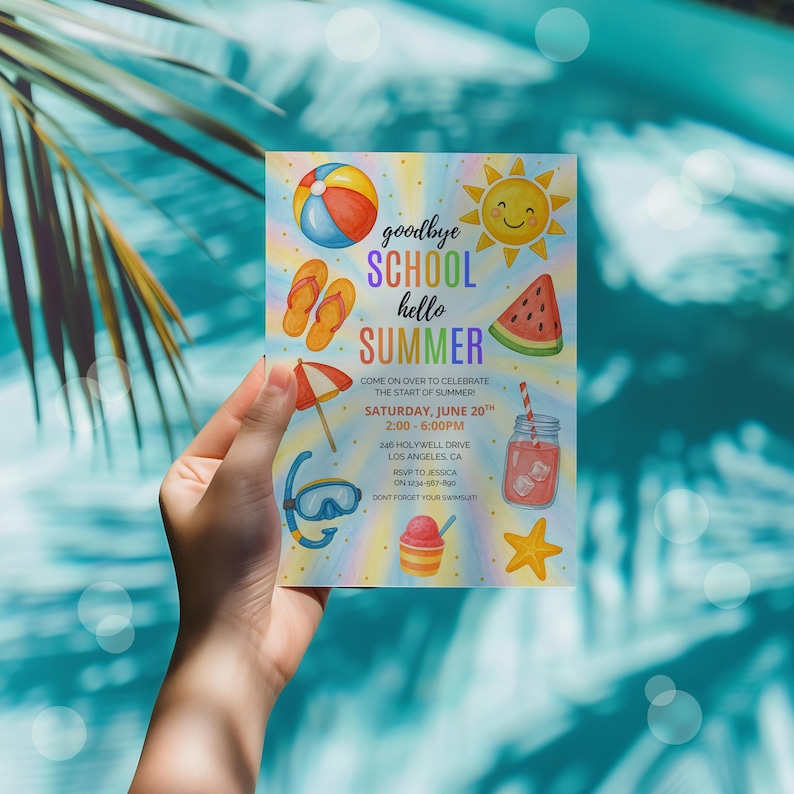 Goodbye School Hello Summer Pool Party Invitation Editable Kids ...