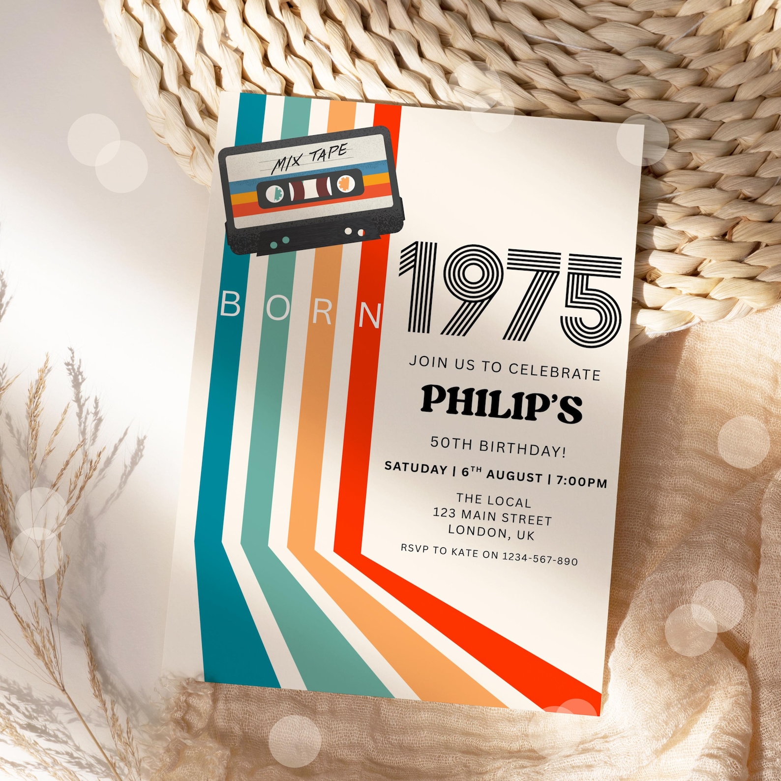 Editable Retro Template, Retro 1975, Birth Year Party Invite, Cassette ...