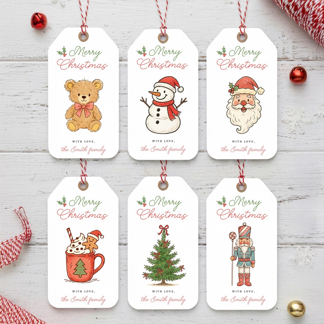 Merry Christmas Gift Tag Template Bundle, Hand Drawn Holiday Tags Set ...