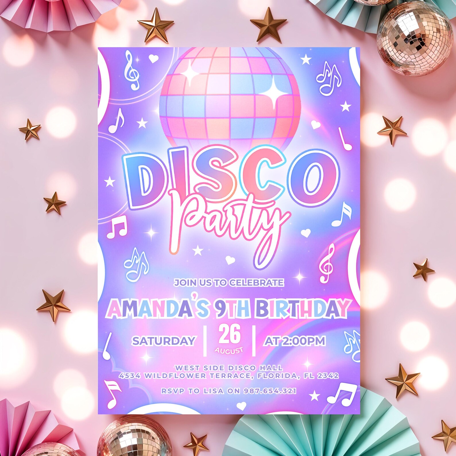 Editable Disco Party Invitation, Pastel Neon Glow Disco, Dance Party ...