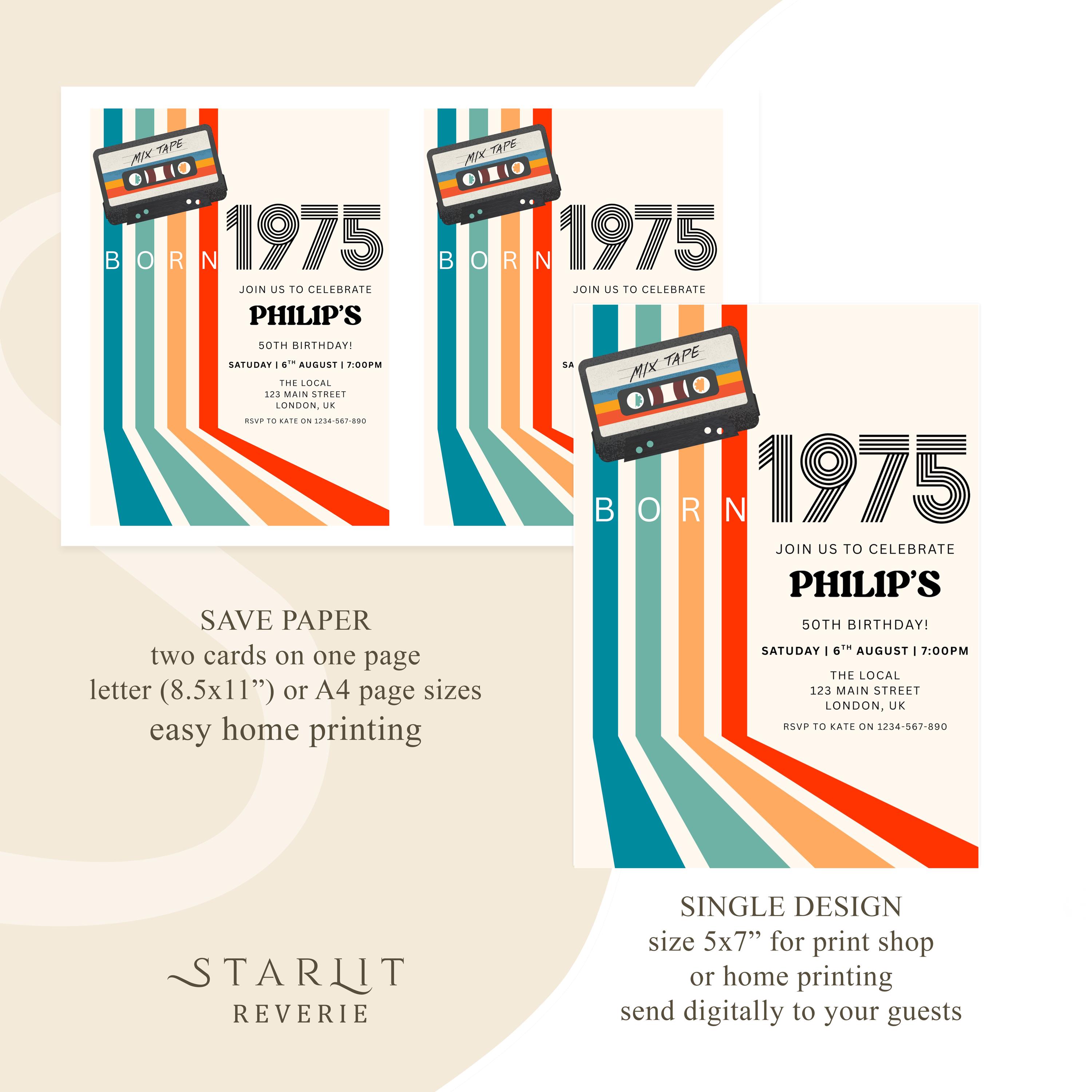 Editable Retro Template, Retro 1975, Birth Year Party Invite, Cassette ...