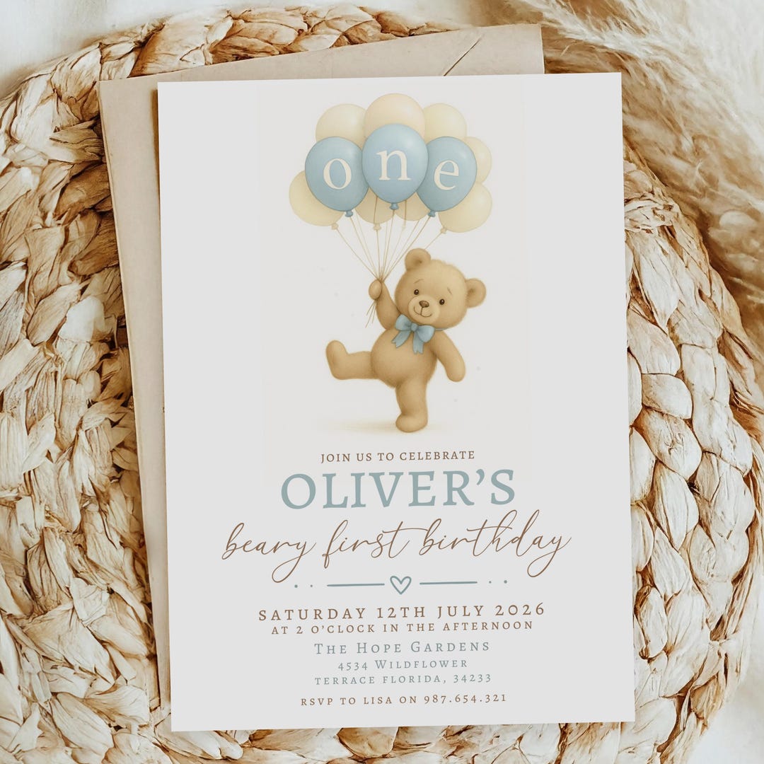 Beary First Birthday Invitation, Bear Birthday Invite, Teddy Bear First ...