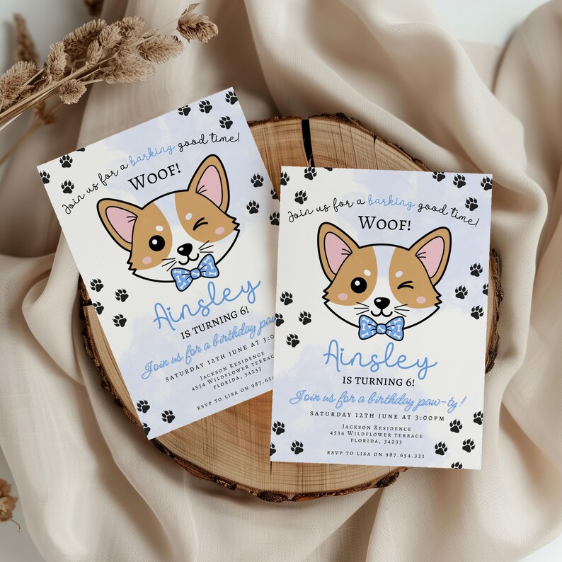 Puppy Birthday Invitation Editable Blue Dog Party Invite Template - Etsy