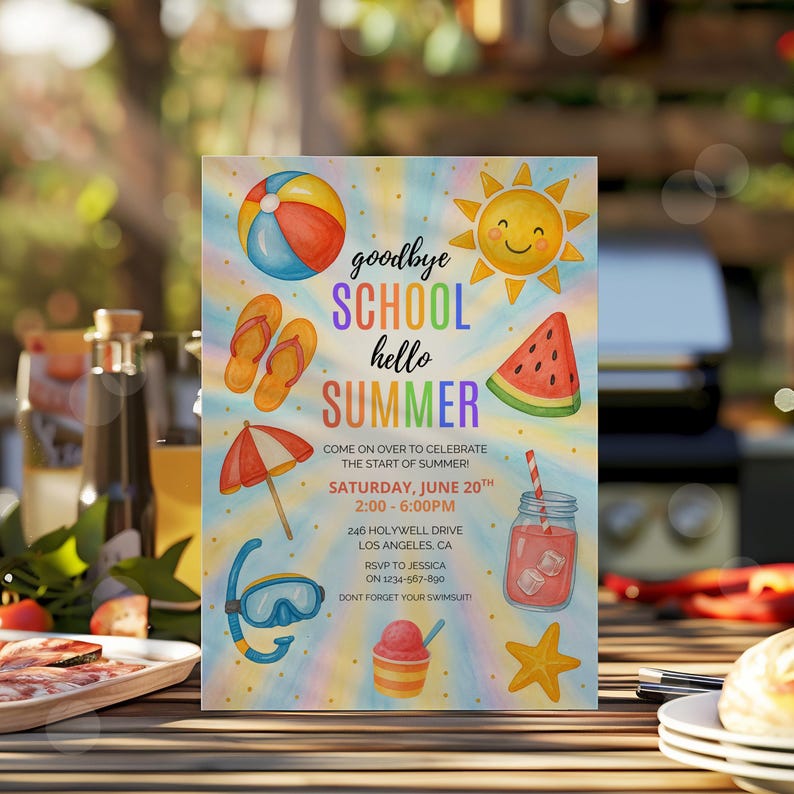 Goodbye School Hello Summer Pool Party Invitation Editable Kids ...