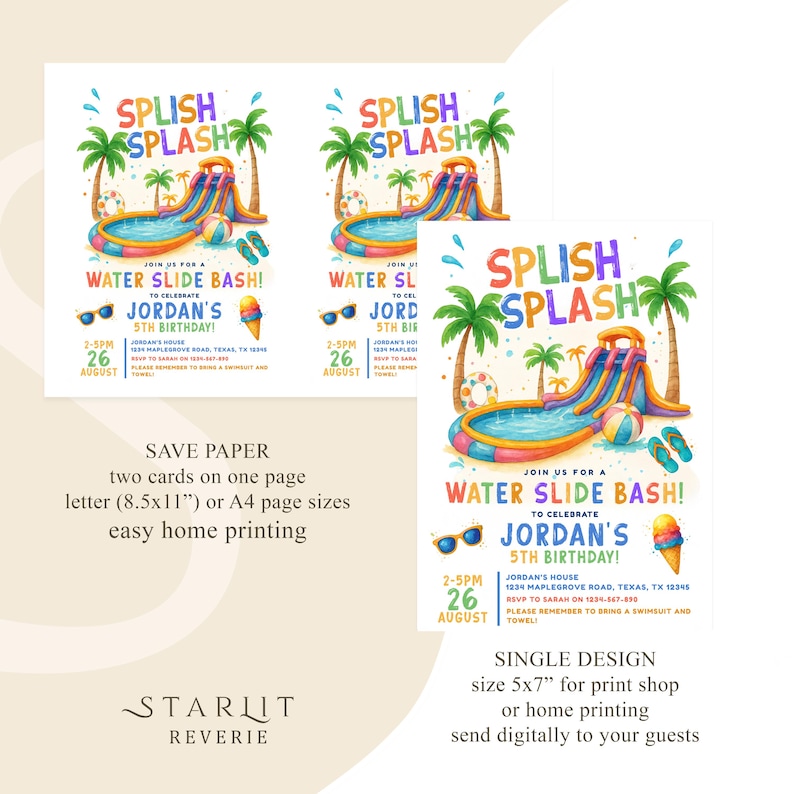 Water Slide Birthday Party Invitation, Splish Splash, ANY AGE ...