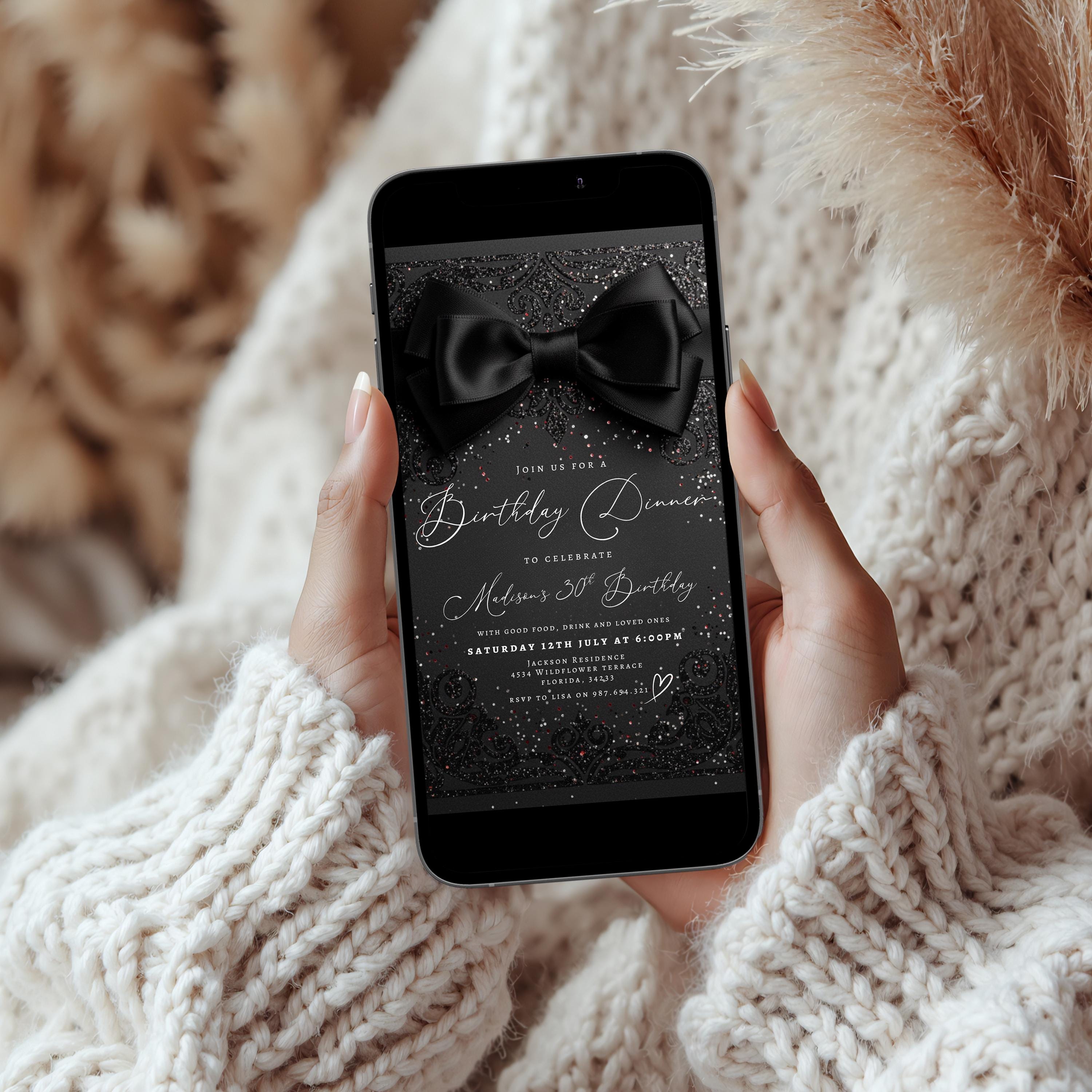 Editable Black Bow Birthday Dinner Invitation Template for Women - Etsy