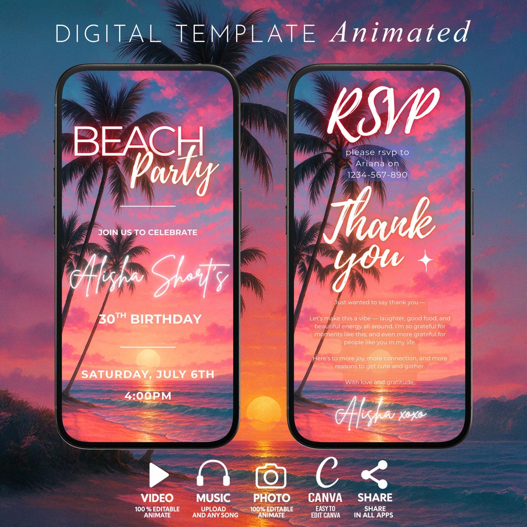 Digital Beach Party Invitation, Birthday Party, Digital Birthday Party ...