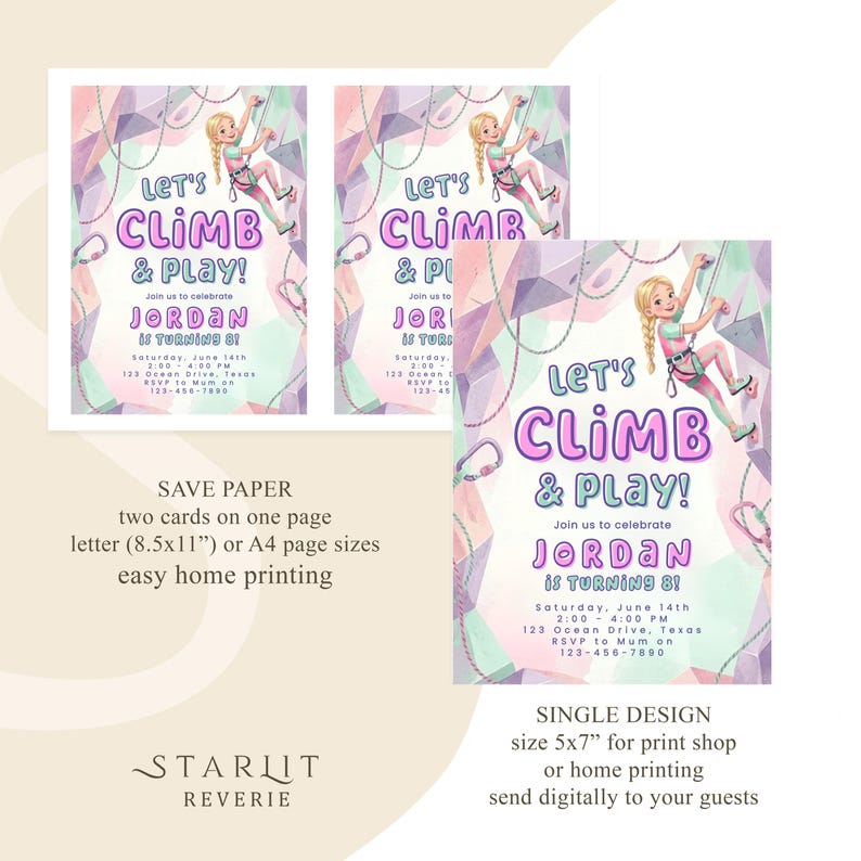 Rock Climbing Birthday Invitation Girls Climb and Play Invite Editable ...