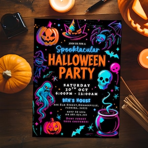 Editable Neon Halloween Party Invite, Glow, Template, Halloween ...