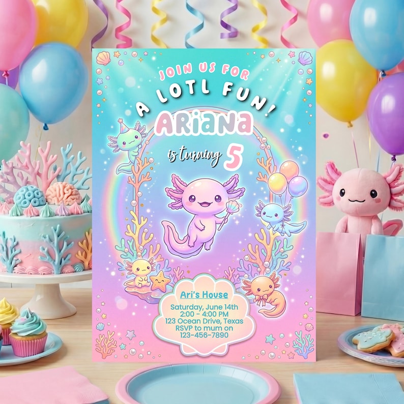 A Lotl Fun Axolotl Birthday Party Invitation Editable Template - Etsy