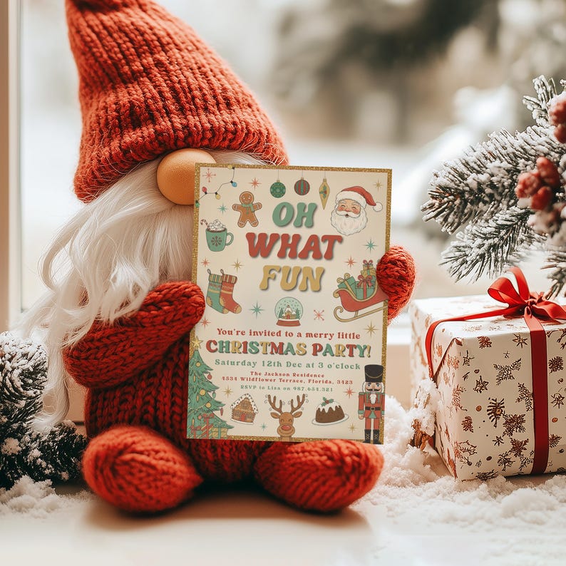 Retro Oh What Fun Editable Christmas Party Invitation, Vintage Holiday ...