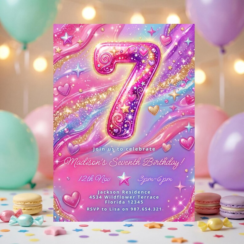 Girl's 7th Birthday Invitation Editable Glossy Glitter Seventh Party ...