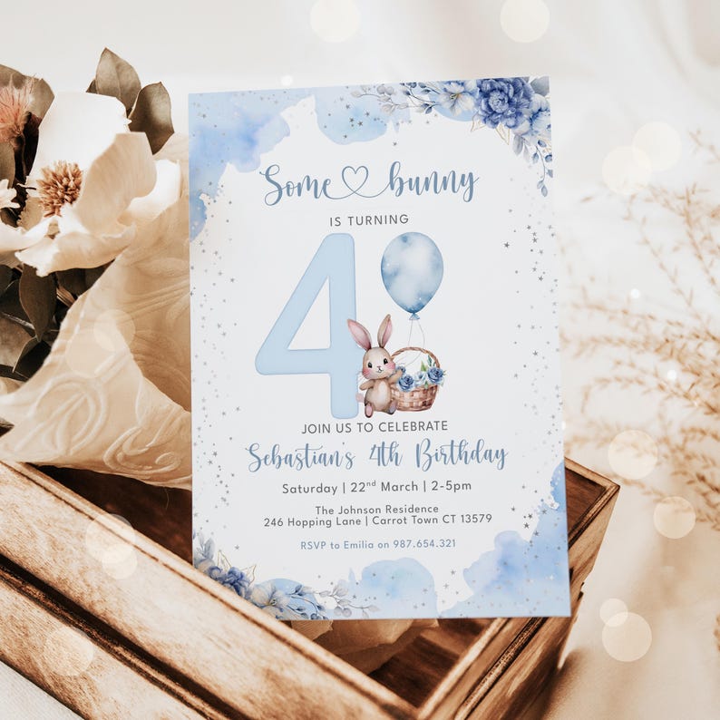 Some Bunny is Four 4th Birthday Invitation Blue Bunny Party Invite - Etsy