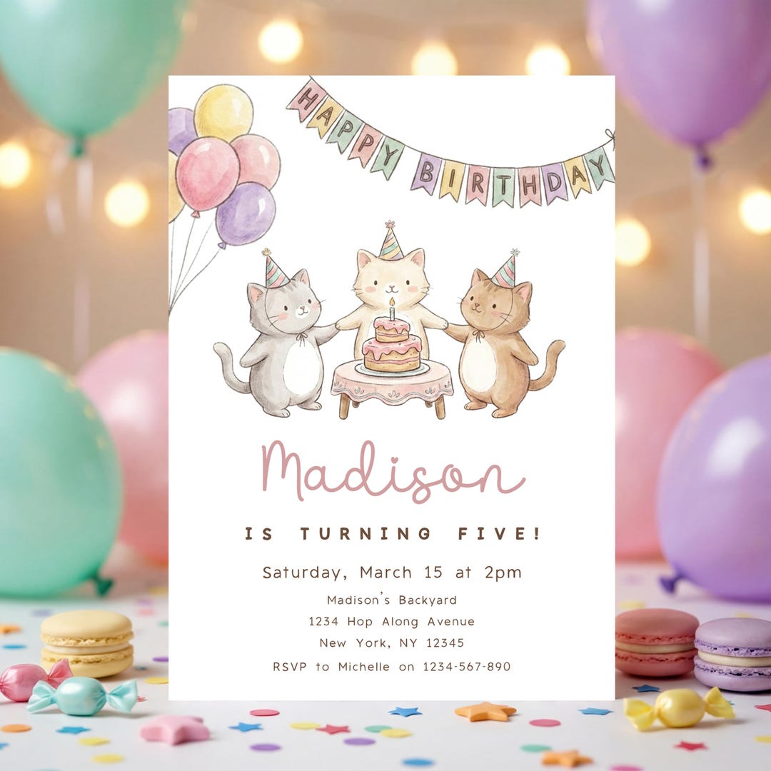 Kitten Birthday Invitation With Balloons and Cake Cat Editable Canva ...
