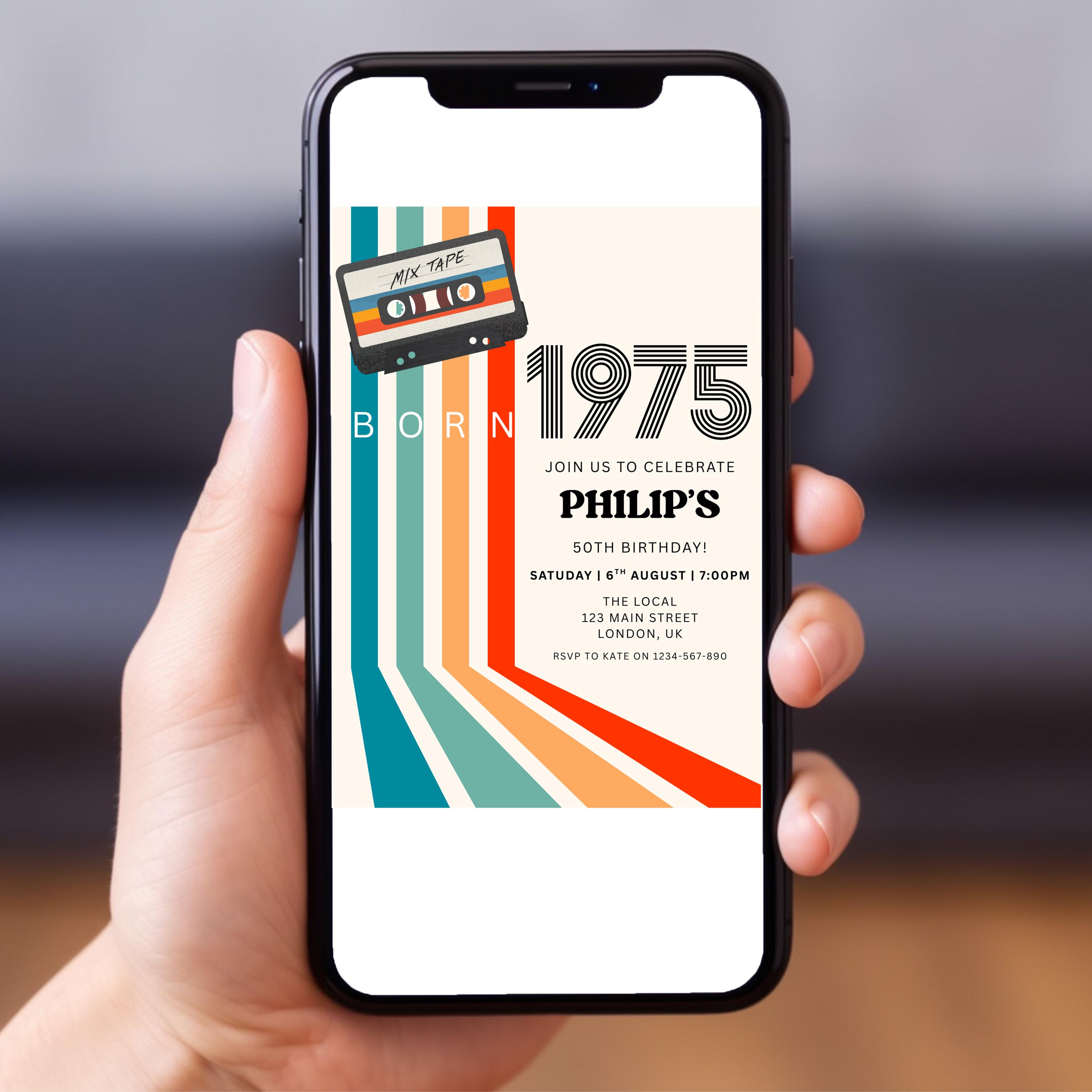 Editable Retro Template, Retro 1975, Birth Year Party Invite, Cassette ...