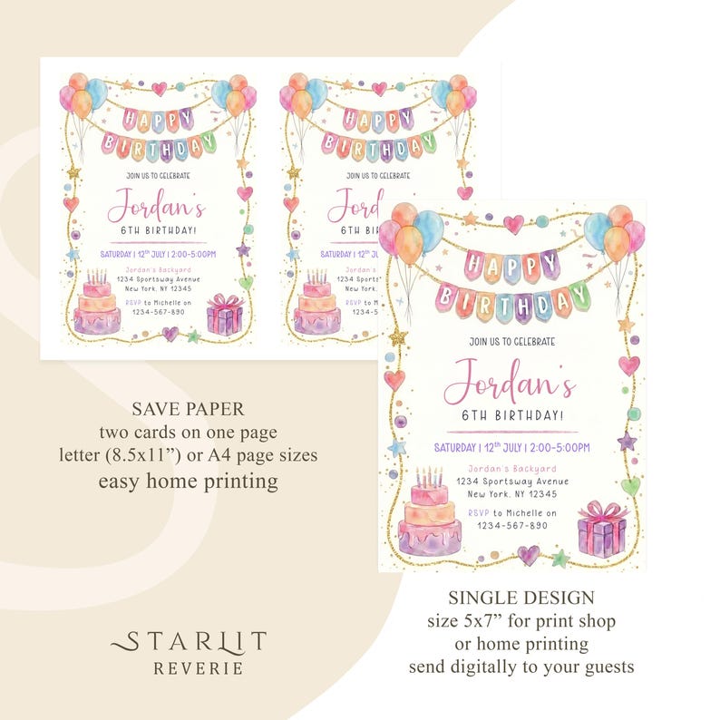 Rainbow Pastel Birthday Invitation Editable Watercolor Girl's Invite ...
