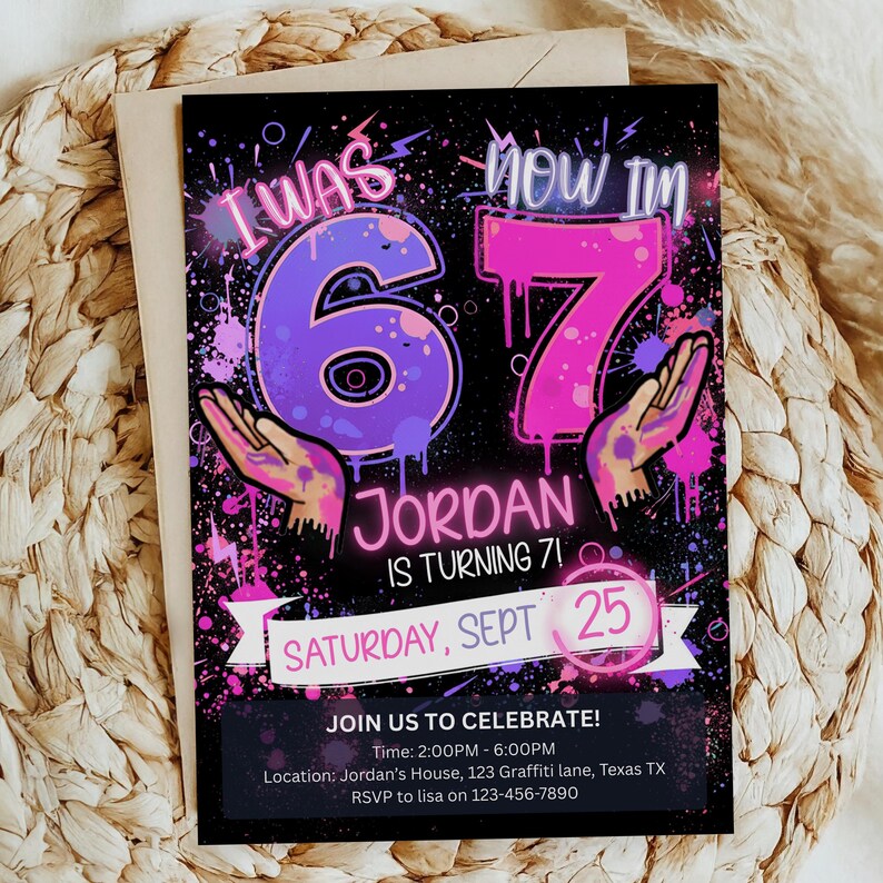 I Was 6 Now I'm 7 Birthday Invitation 6-7 Party Invite Girl Neon ...
