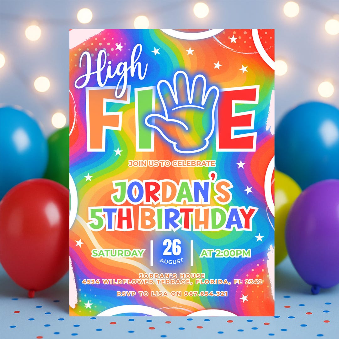 Editable High Five Birthday Party Invitation, Neon Glow High Five, Hi ...