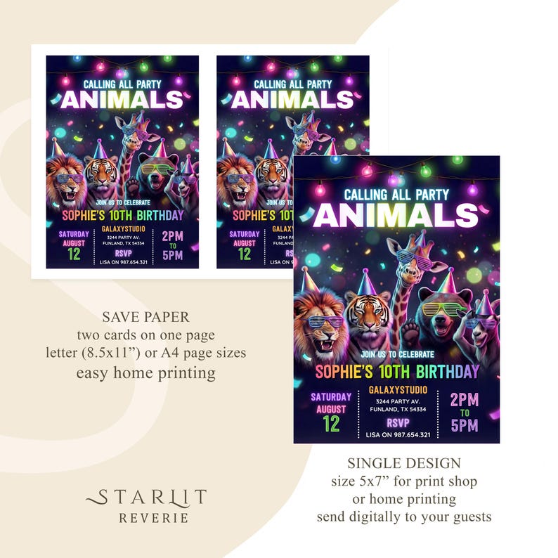 Animal Birthday Invitation Calling All Party Animals Neon Theme Kids ...