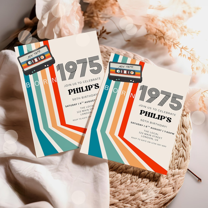 Editable Retro Template, Retro 1975, Birth Year Party Invite, Cassette ...