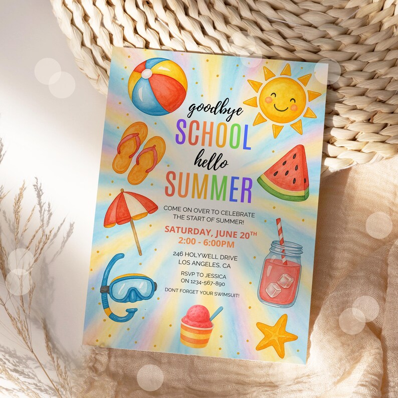 Goodbye School Hello Summer Pool Party Invitation Editable Kids ...
