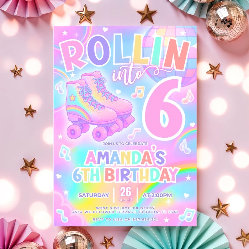 Editable Roller Skating 6th Birthday Party Invitation, Rollin' Into Six ...